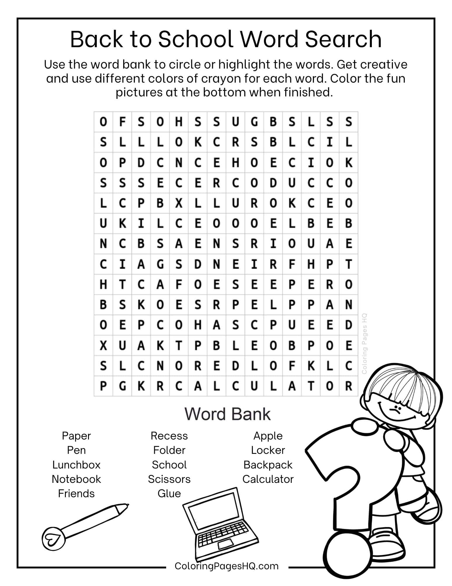Back to School Word Search (Free PDF Printables) - Coloring Pages HQ