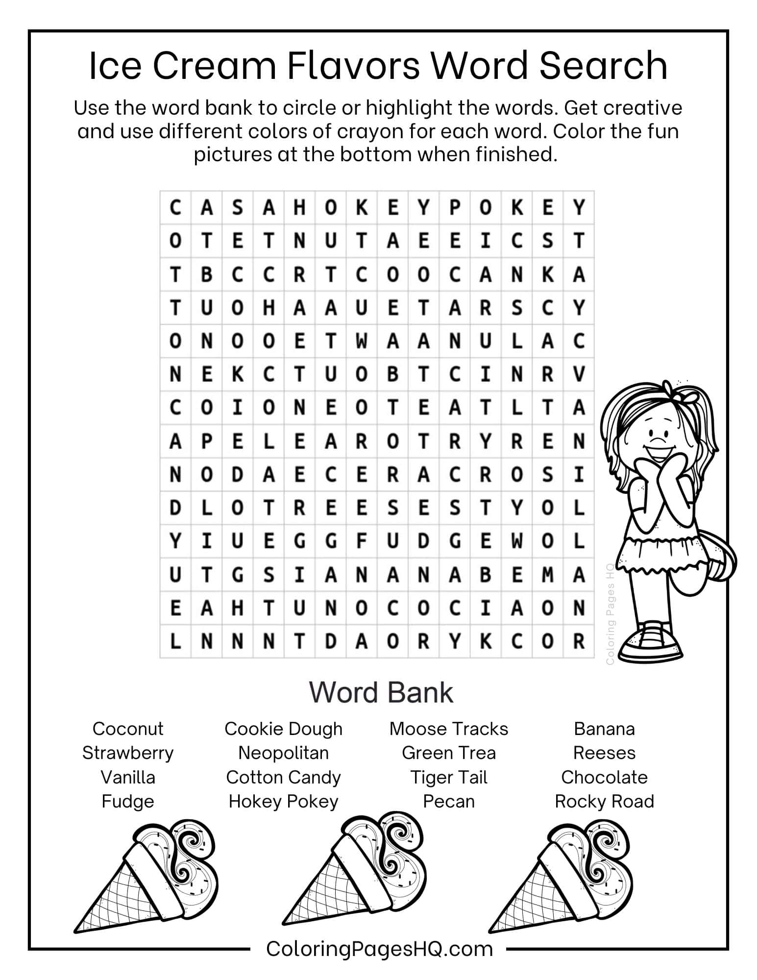 Ice Cream Word Search (Free PDF Printable) - Coloring Pages HQ