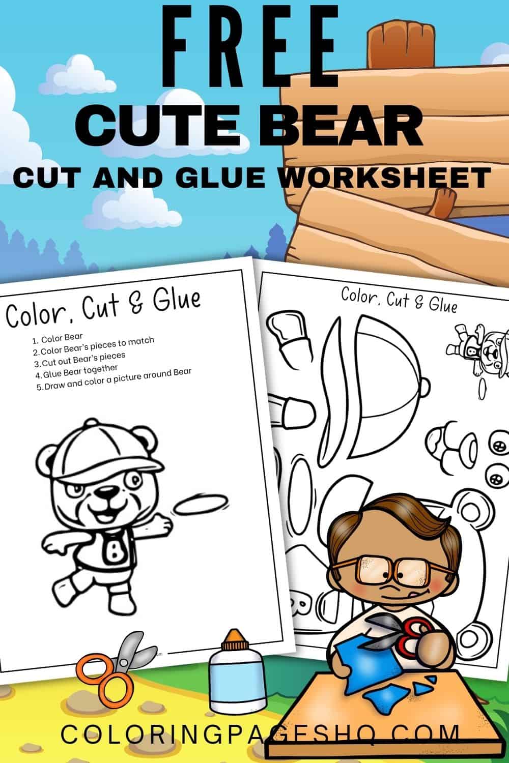 Cute Frisbee Bear Cut and Glue Worksheet (Free PDF Printable ...