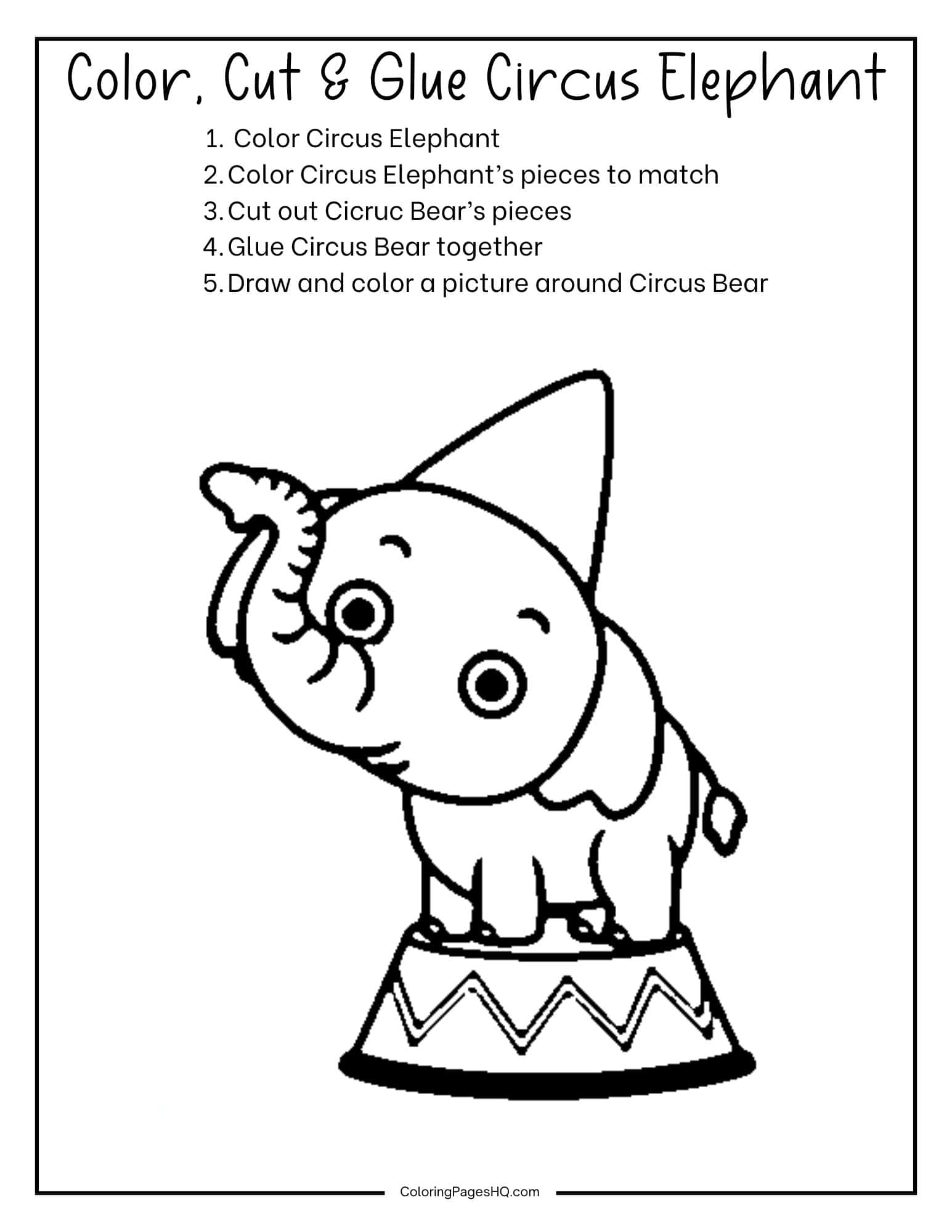 Cute Circus Elephant Cut and Glue Worksheet (Free PDF Printable ...